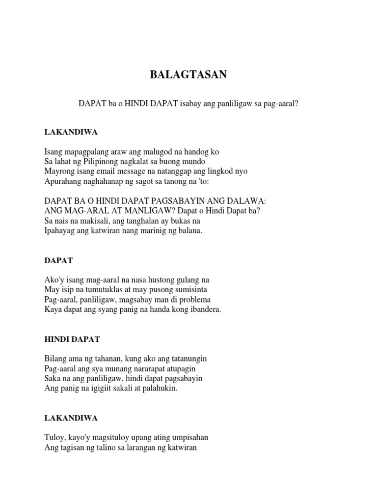 Balagtasan Pag Ibig Sa Kabataan Dapat Ba O Hindi Balagtasan Pag Ibig Sa Kabataan Dapat Ba O Hindi
