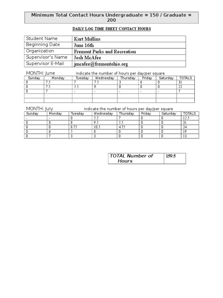 Student Internship Hours Log | PDF | Sports & Recreation