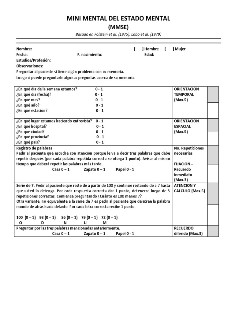 Mini Mental Del Estado Mental | PDF | Asunto (gramática) | Ciencia cognitiva