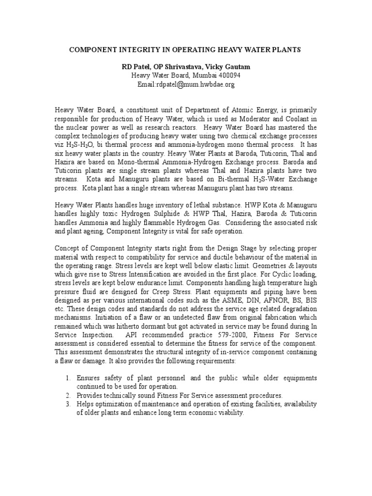 Component Integrity in Heavy Water Plants | PDF | Energy Technology ...