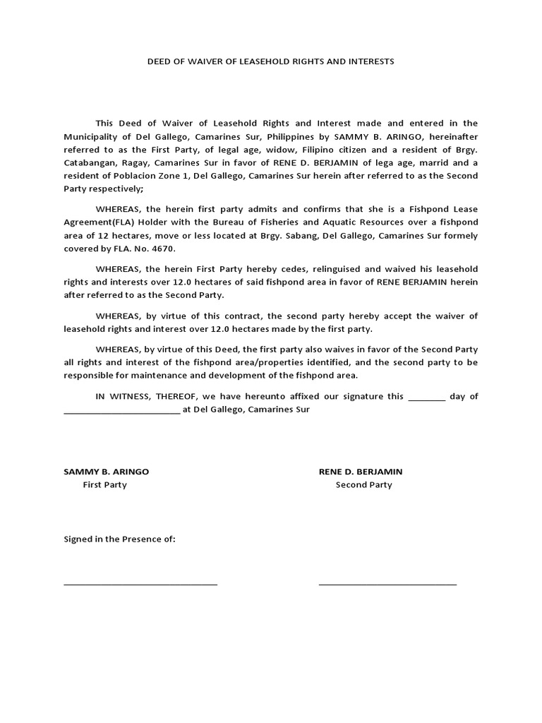 Deed of Waiver of Leasehold Rights and Interests | PDF | Deed | Waiver