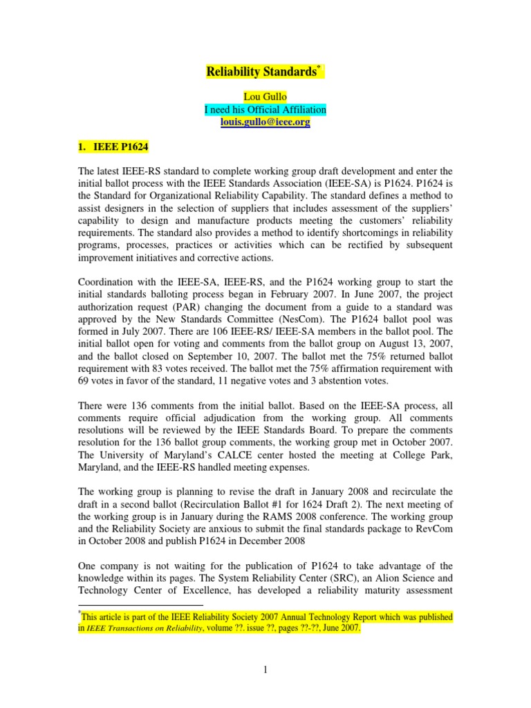 Reliability Standards: 1. IEEE P1624 | PDF | Software Quality ...