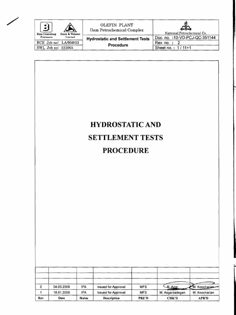 Hydrostatic & Settlement Test Procedure | PDF | Welding | Construction