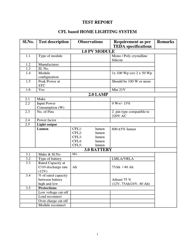Test Report Format For CFL Based Home Lights | PDF | Battery ...