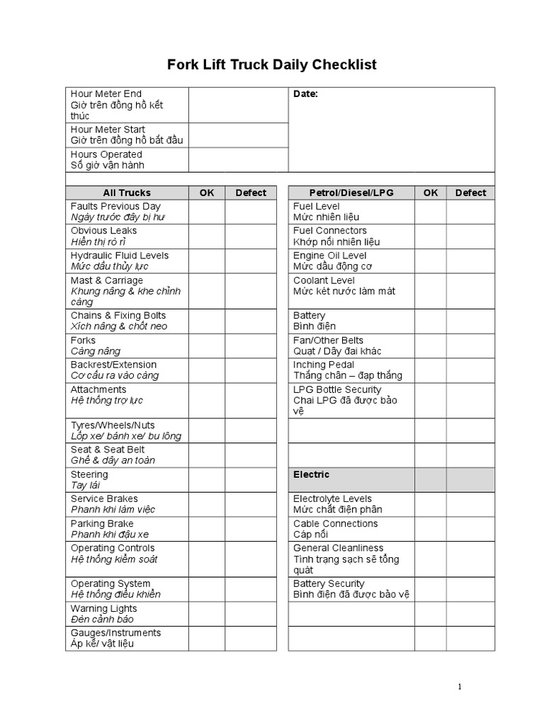 Fork Lift Truck Daily Checklist | Industries | Fuels