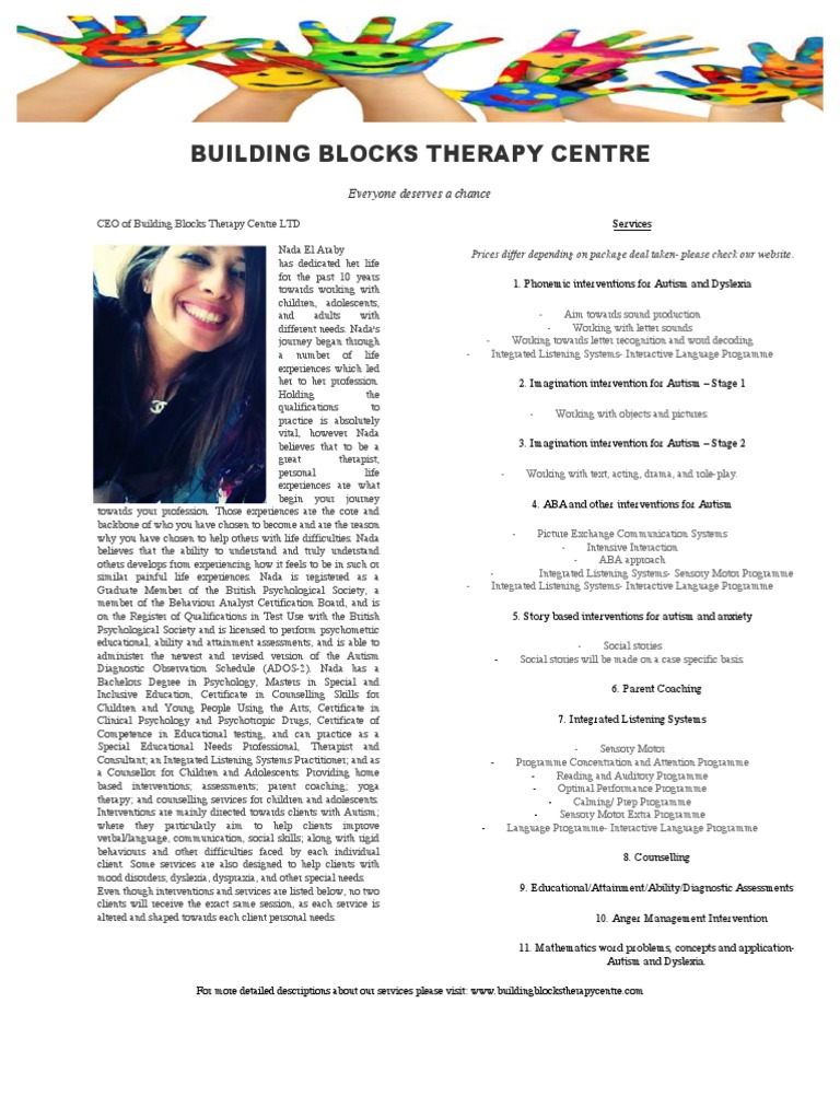 Building Blocks Therapy Centre Brochure - Nada El Araby | PDF | Autism | Dyslexia