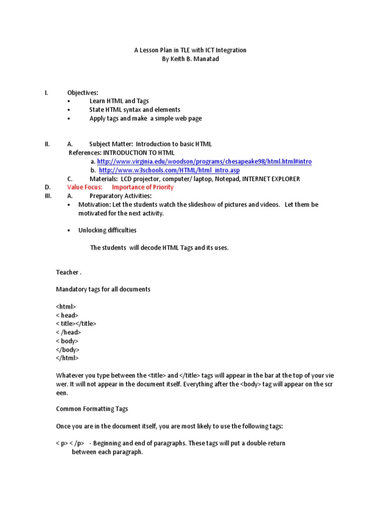 Ict - html lesson plan example | Html | Html Element