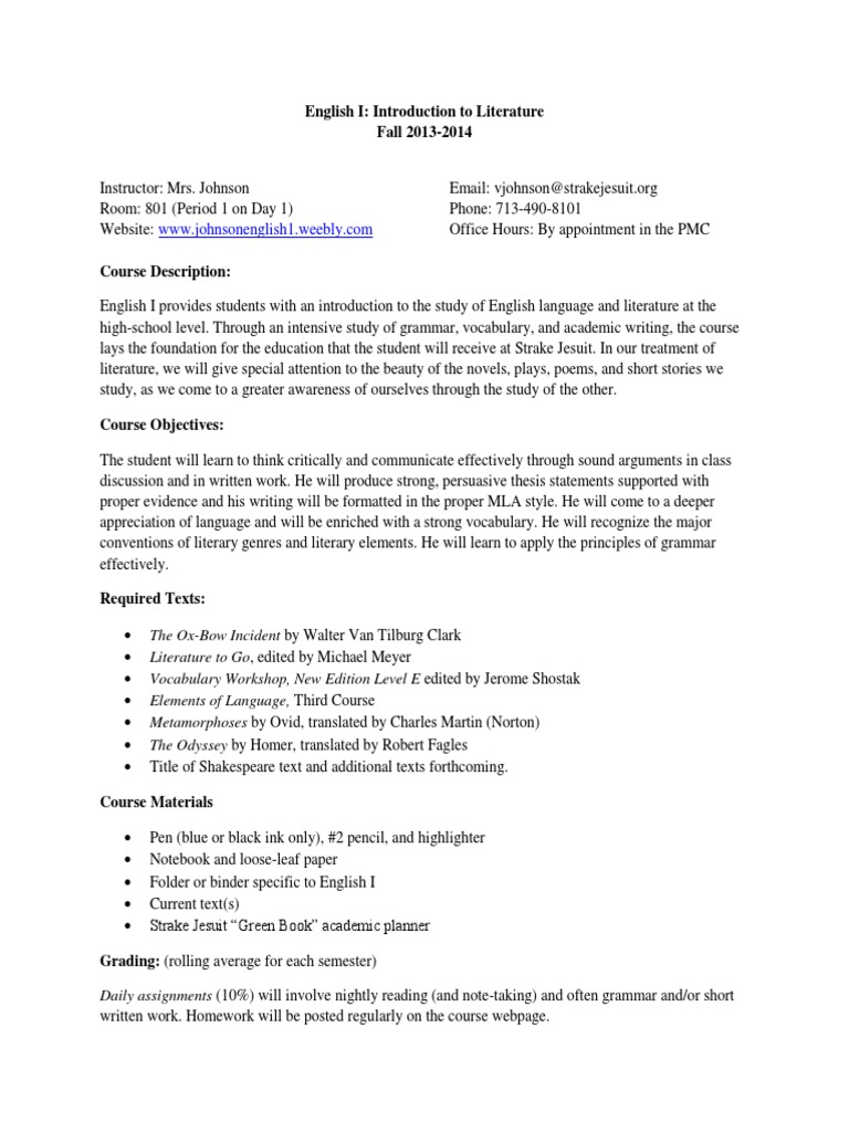 English I Literature Course Overview | PDF | Homework | Test (Assessment)