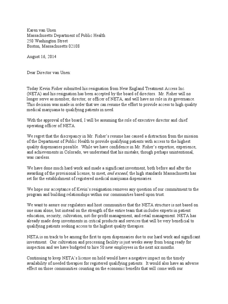 NETA Letter Accepting Fisher's Resignation | Medical Cannabis | Patient