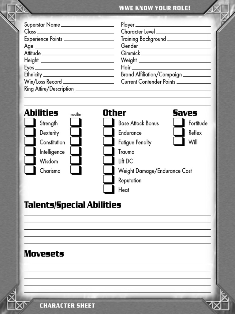 WWE Know Your Role Character Sheet | PDF