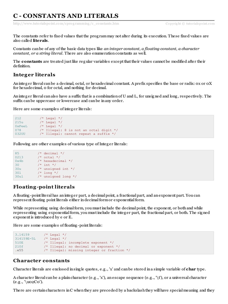 C Constants | PDF | Integer (Computer Science) | Data Type