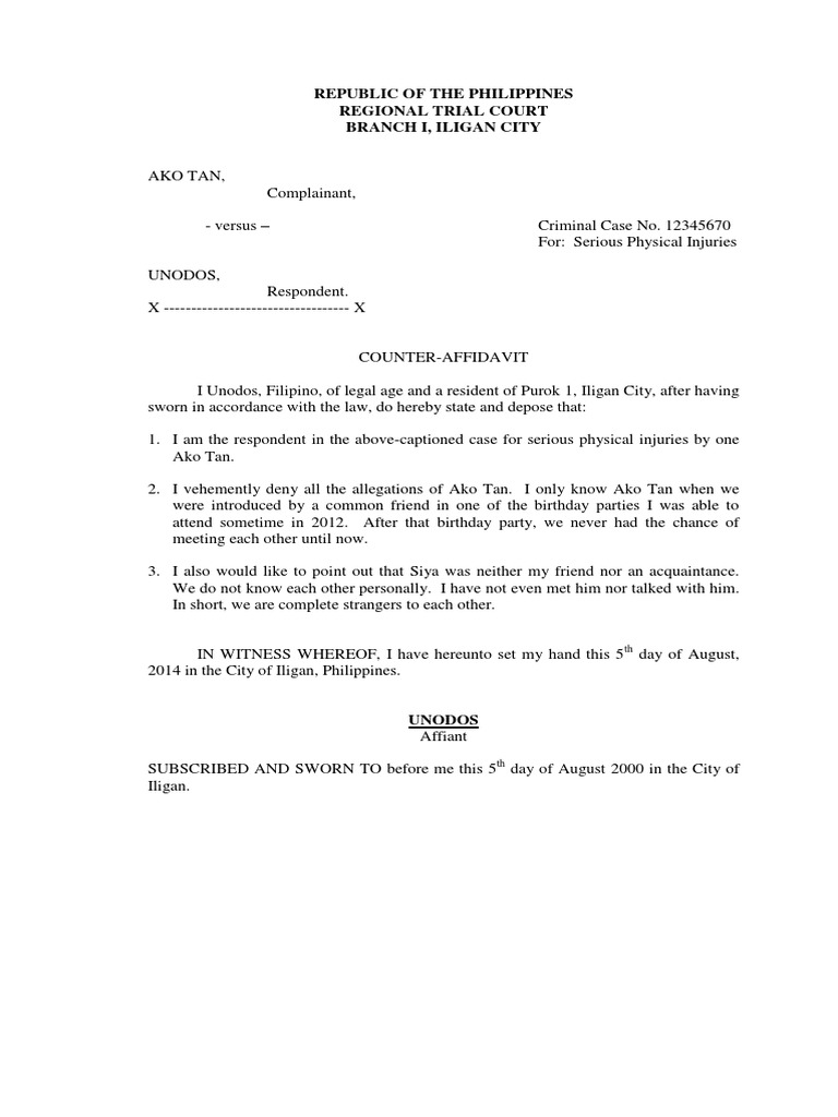 Counter-Affidavit - Physical Injuries | PDF | Affidavit | Virtue