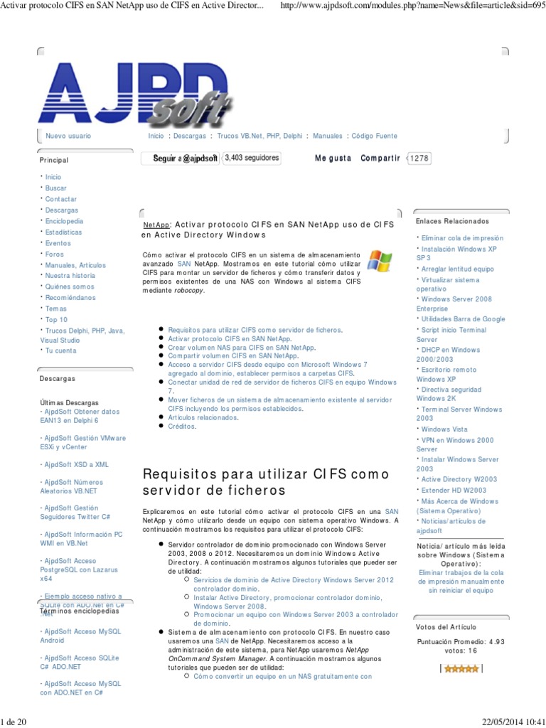 Activar Protocolo CIFS en SAN NetApp Uso de CIFS en Active Directory ...
