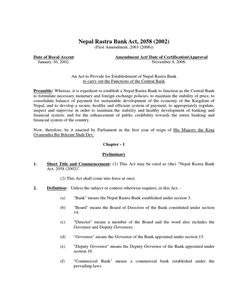 Nepal Rastra Bank Act Overview | PDF