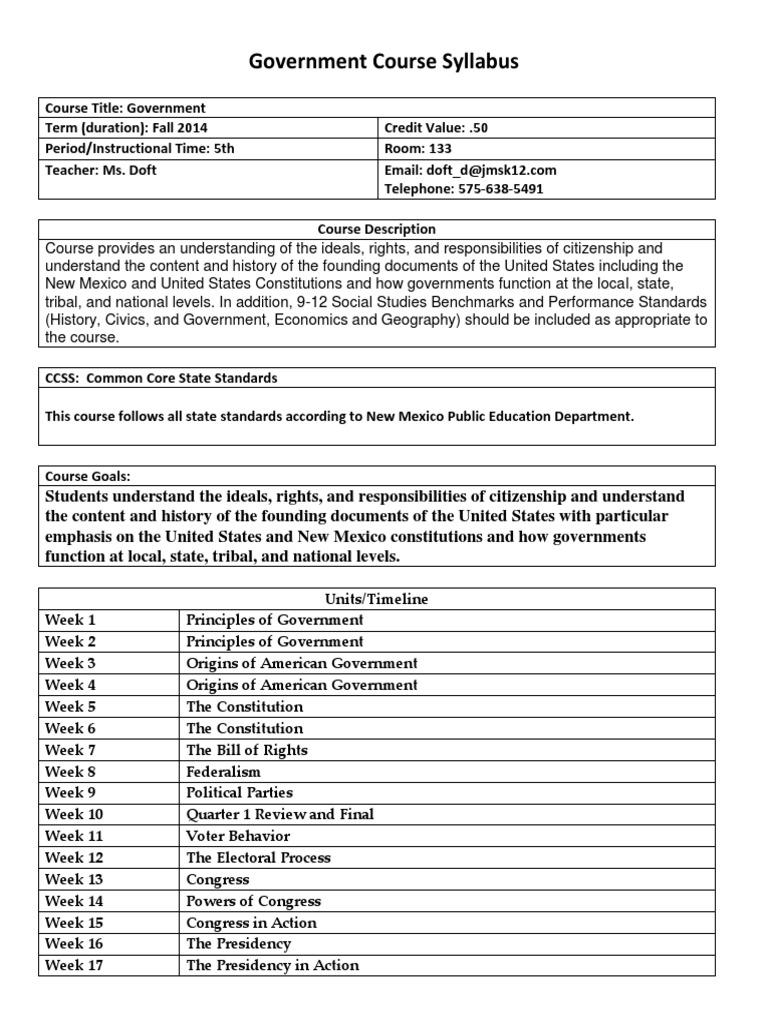 Government Course Syllabus 2014 | PDF | Homework | Federal Government ...