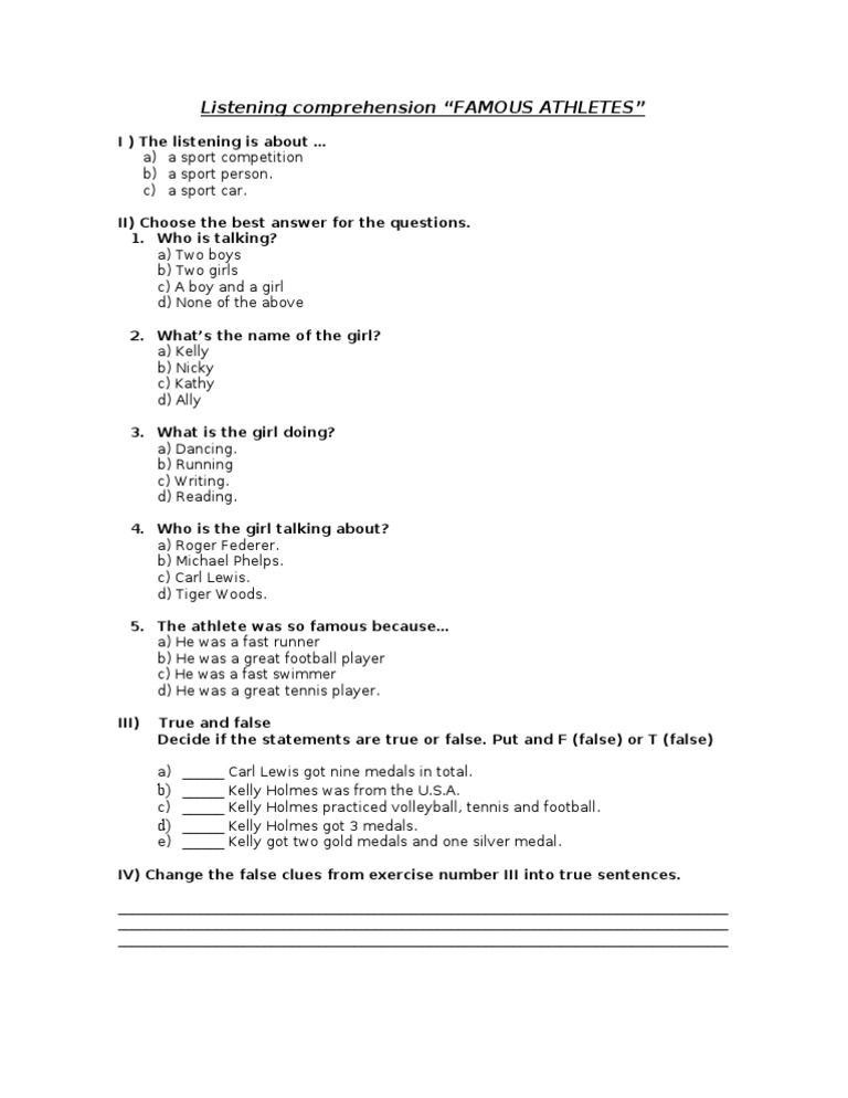 Listening Comprehension "Famous Athletes" | PDF | Language Arts ...