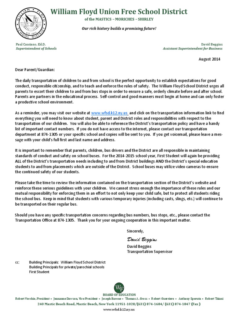 Transportation Welcome Letter | School Bus | Bus