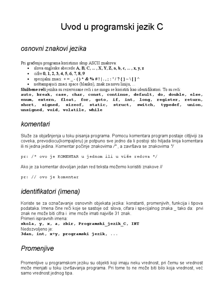 Uvod - U Programski Jezik C | PDF