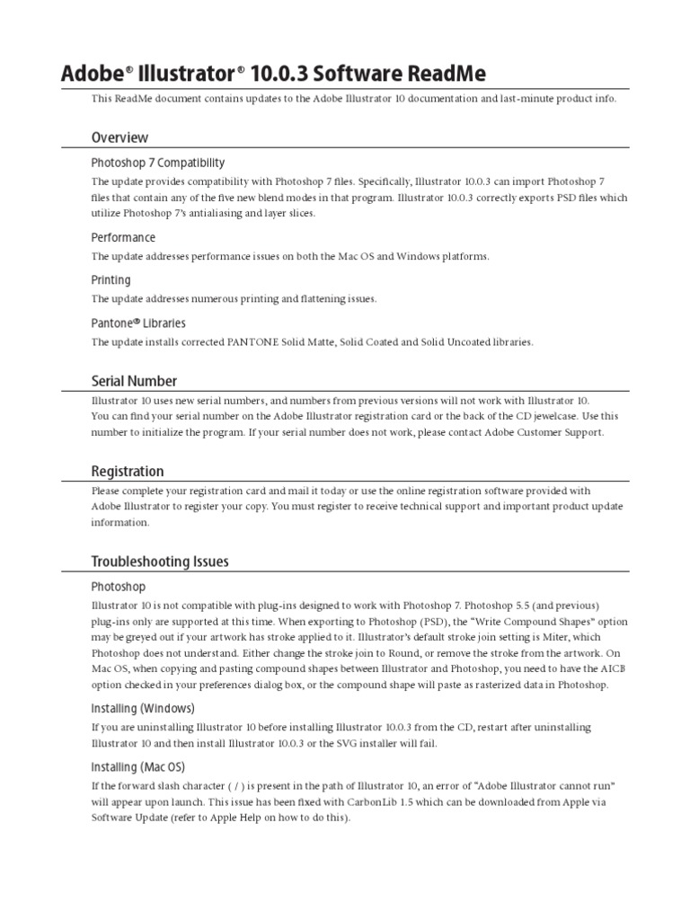 Adobe ® Illustrator ® 10.0.3 Software ReadMe | PDF | Adobe Illustrator ...