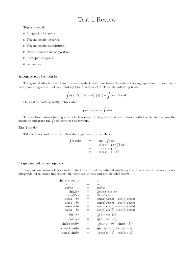 Calculus 2, Test 1 Review | PDF | Trigonometric Functions | Sine