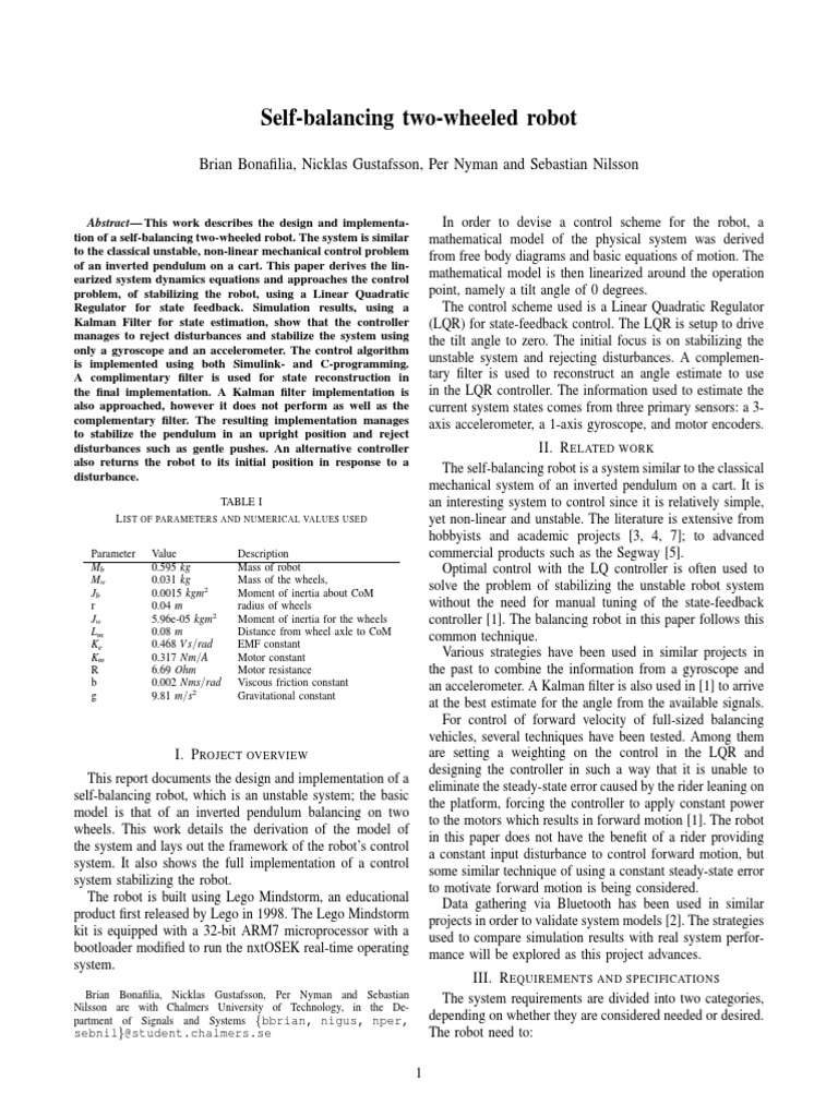 Self Balancing Two Wheeled Robot Report | PDF | Control Theory | Kalman Filter