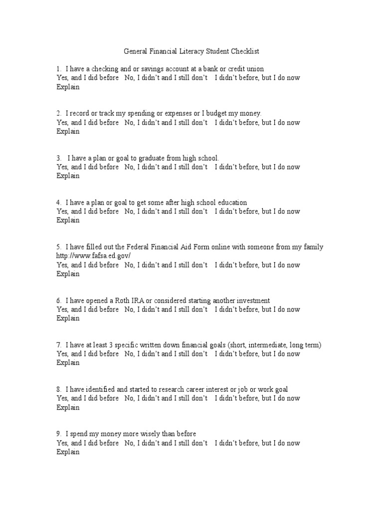 General Financial Literacy Student Checklist | PDF | Investing ...