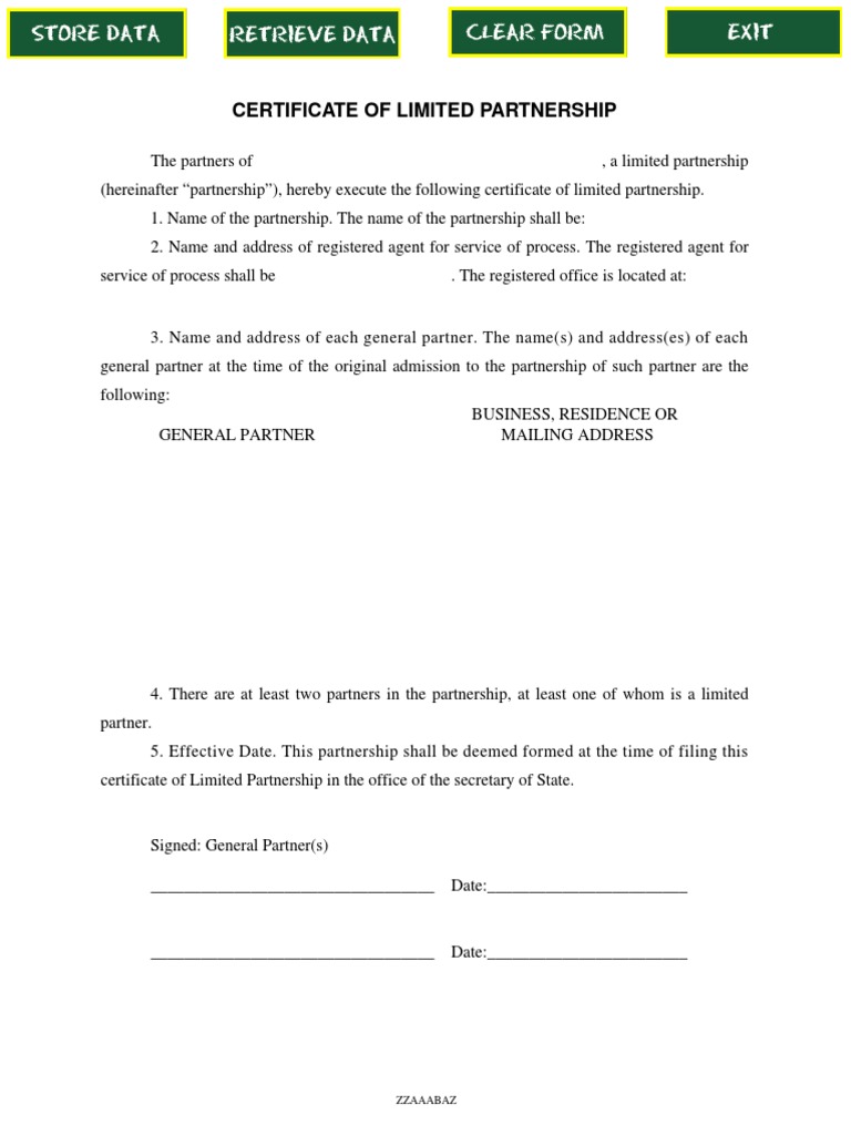 Certificate of Limited Partnership: Zzaaabaz | PDF | Business | Law