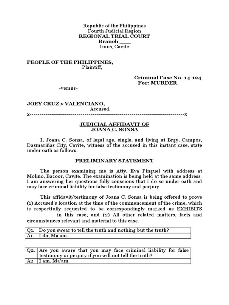 Judicial Affidavit of The Witness For Defense | PDF | Perjury | Witness