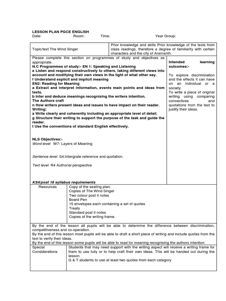 Lesson Plan English | PDF | Lesson Plan | English Language