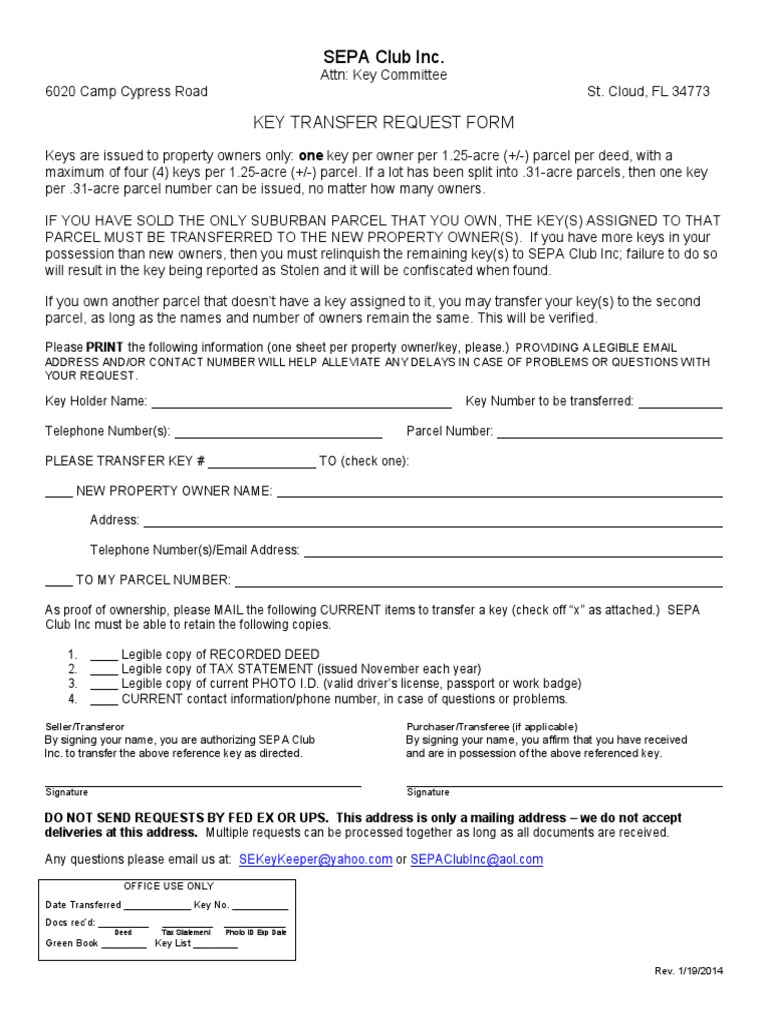 1 Key Transfer Request Form 01-18-141 | PDF | Ownership | Land Lot