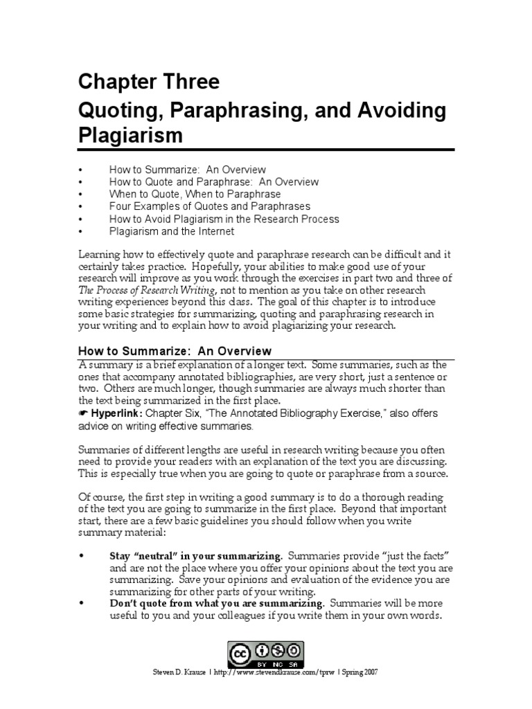 Chapter Three Quoting, Paraphrasing, and Avoiding Plagiarism | PDF ...