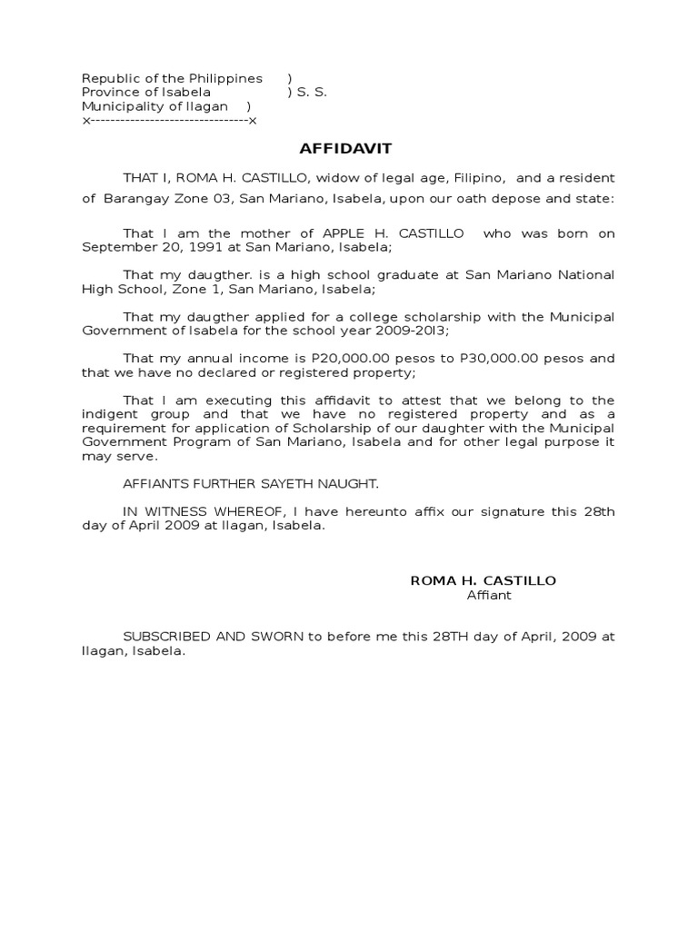 Affidavit for Scholarship Application | PDF | Social Science | Science ...
