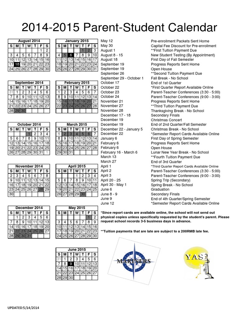 2014-2015 School Year Calendar | PDF | Academic Term | Tuition Payments
