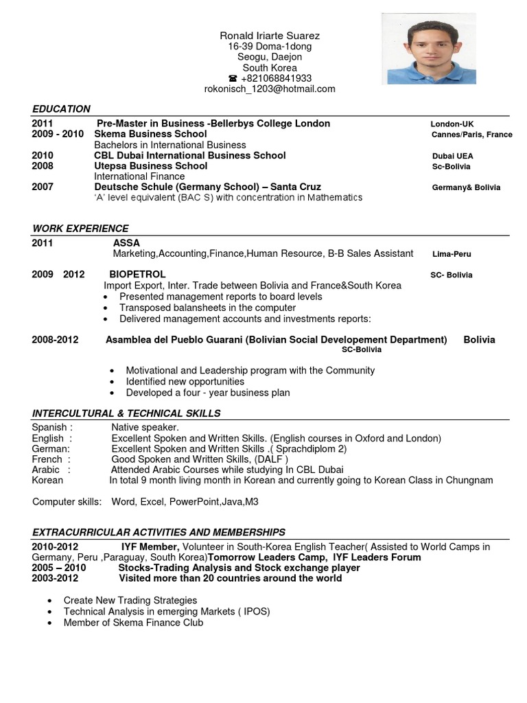 CV - Ronald Iriarte | PDF | Bolivia | South Korea