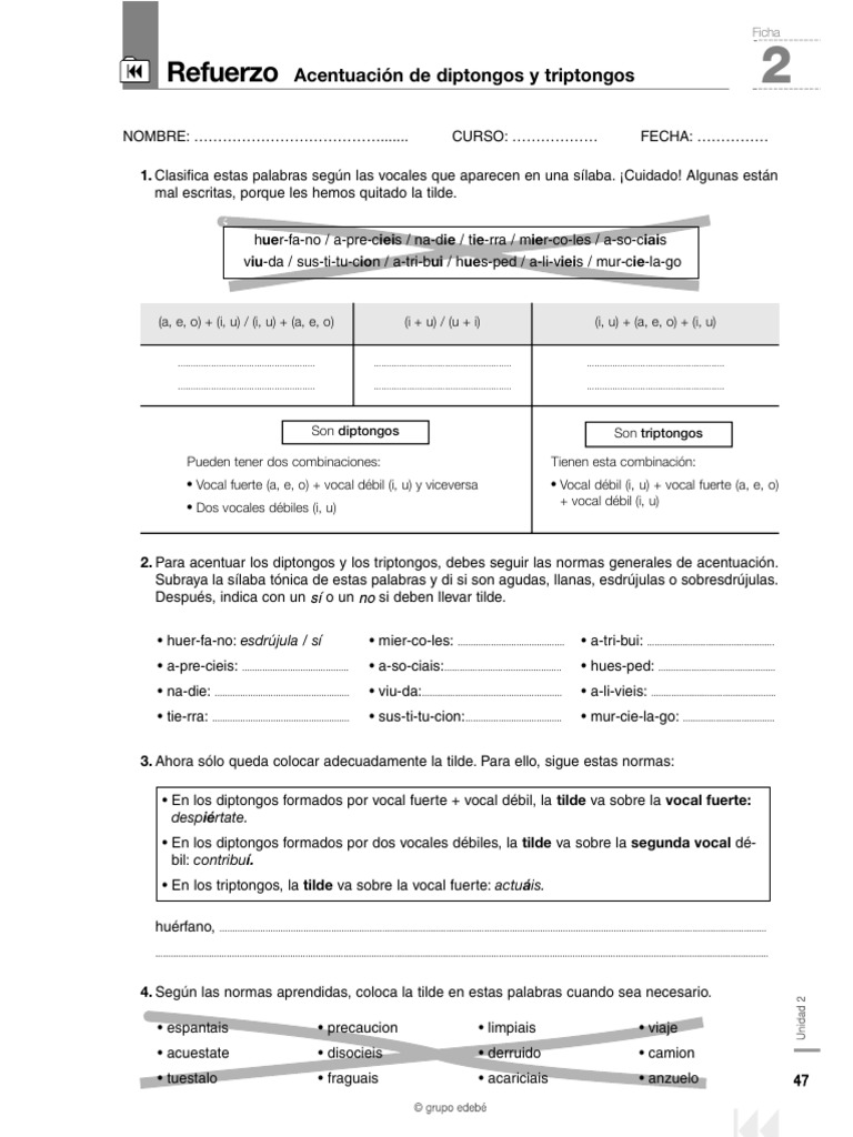 Ficha Acentuacion Diptongos y Triptongos 1 Hoja Con Solucionario | PDF