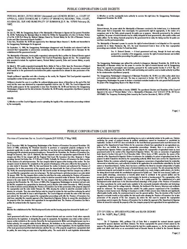 PUBCORP CaseDigests | PDF | Eminent Domain | Complaint