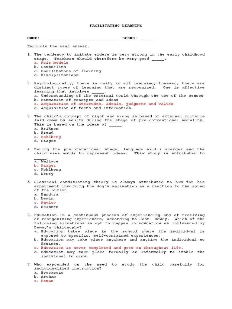 Faciltating Learning Answer Key | PDF | Educational Assessment | Teachers