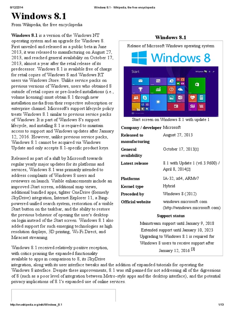 Windows 8.1 - Wikipedia | PDF | Windows 8.1 | Windows 8