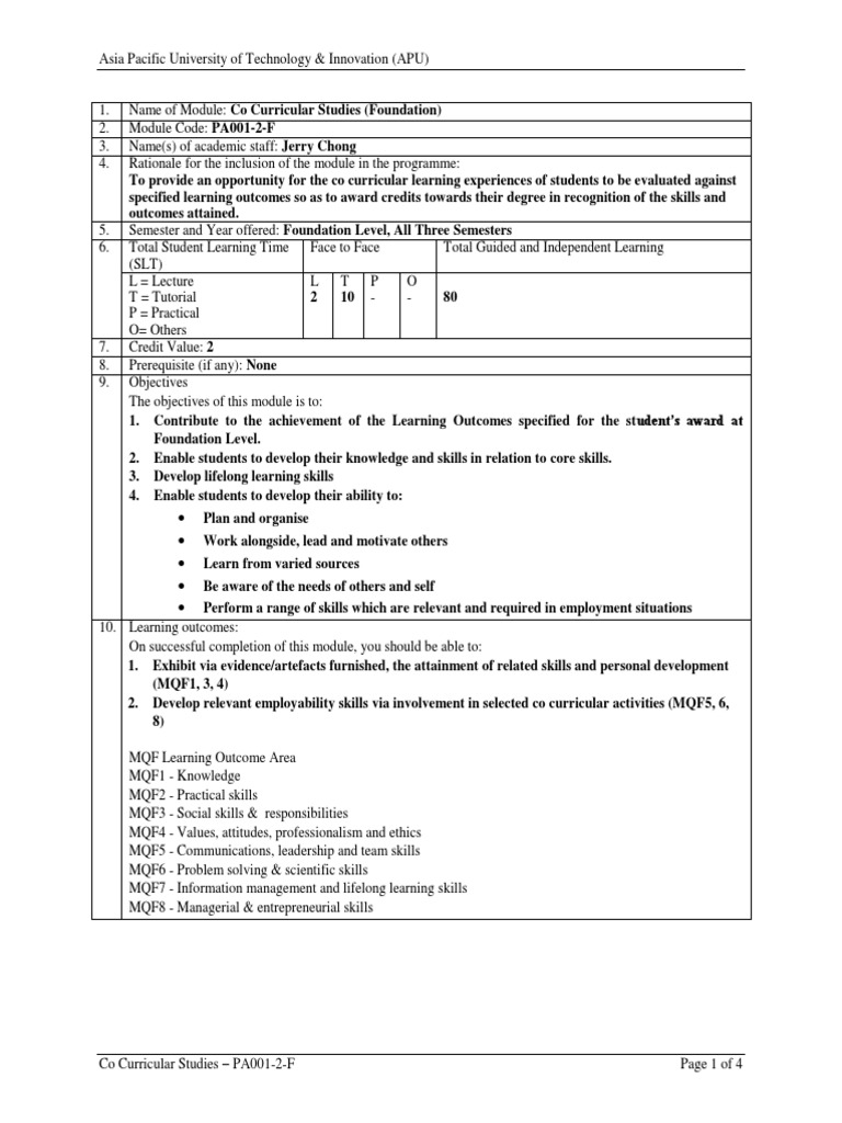 APU Co Curricular Studies - Foundation (Module Specification) | PDF ...