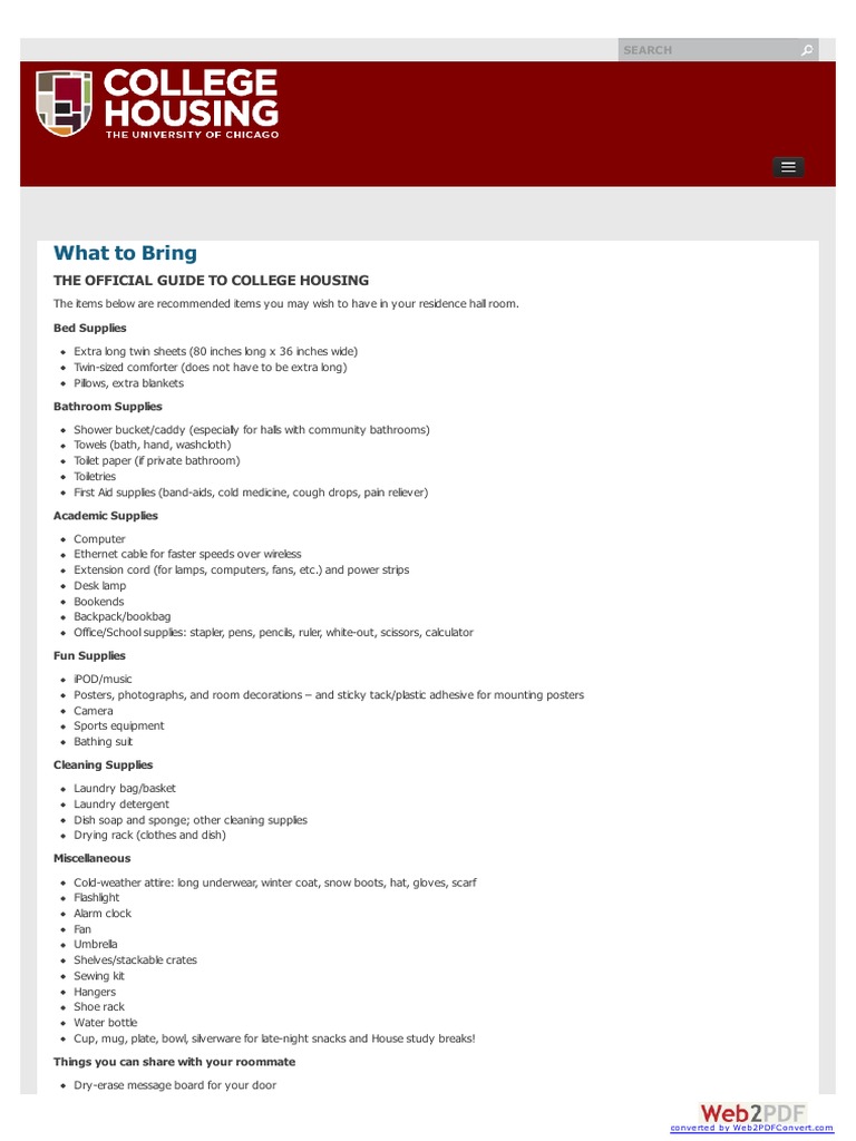 UChicago Housing Packing Guide | PDF