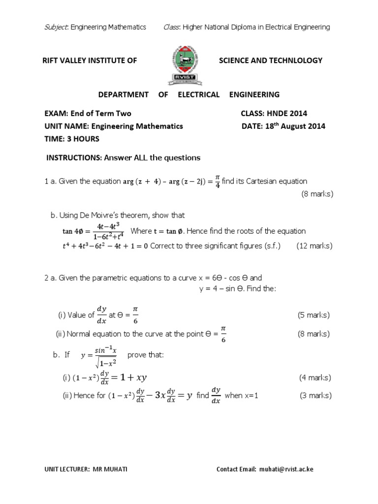 HND Electrical Engineering Mathematics Exam | PDF | Equations | Square Root