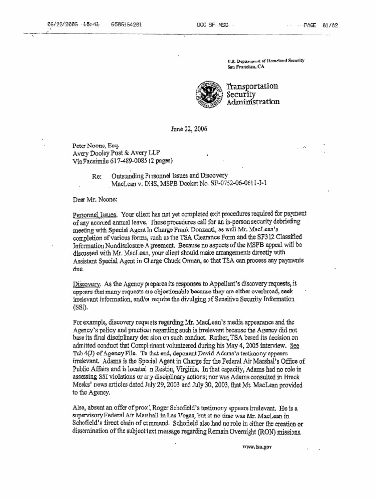 MacLean v. DHS - MSPB: TSA's Initial Offer of David Graceson As July ...