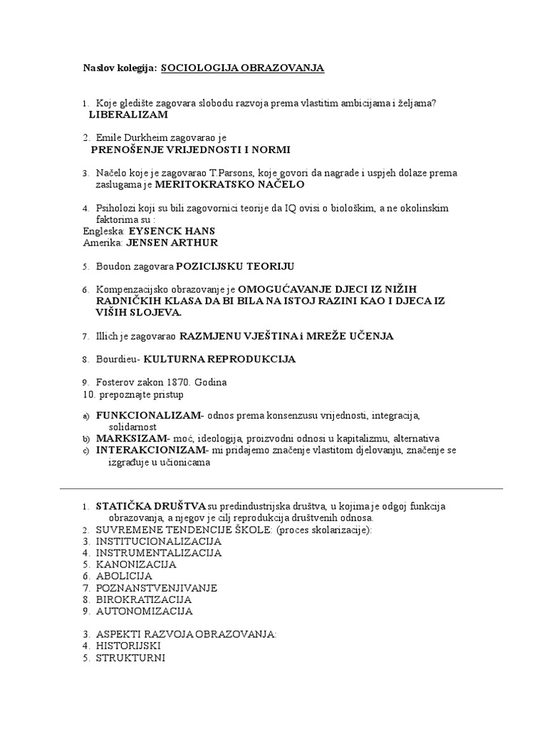 SOCIOLOGIJA OBRAZOVANJA Skripta | PDF