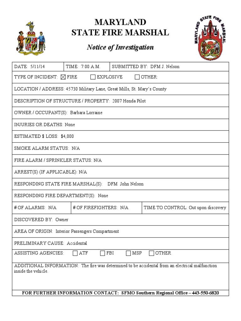 Maryland Fire Investigation Report | PDF