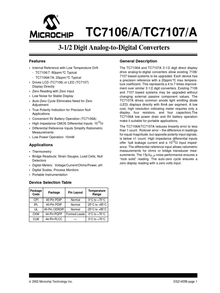 DATASHEET TC7106-07 | Analog To Digital Converter | Capacitor | Free 30 ...