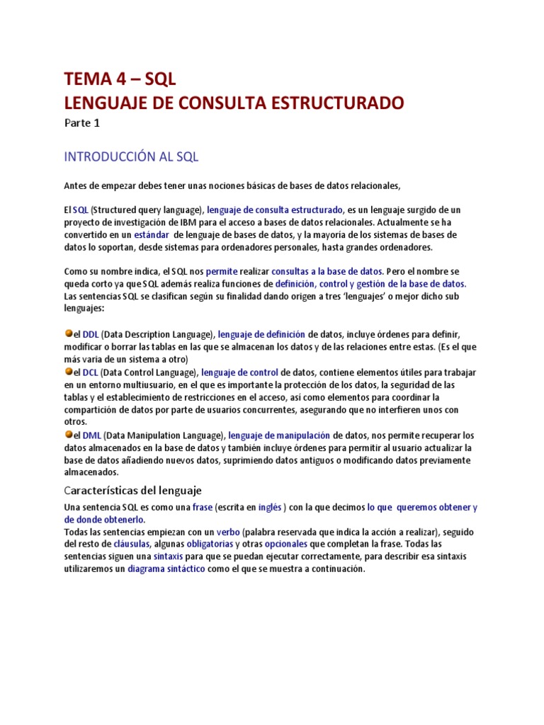 TEMA 4 Introduccion Al SQL y Select | PDF | SQL | Bases de datos