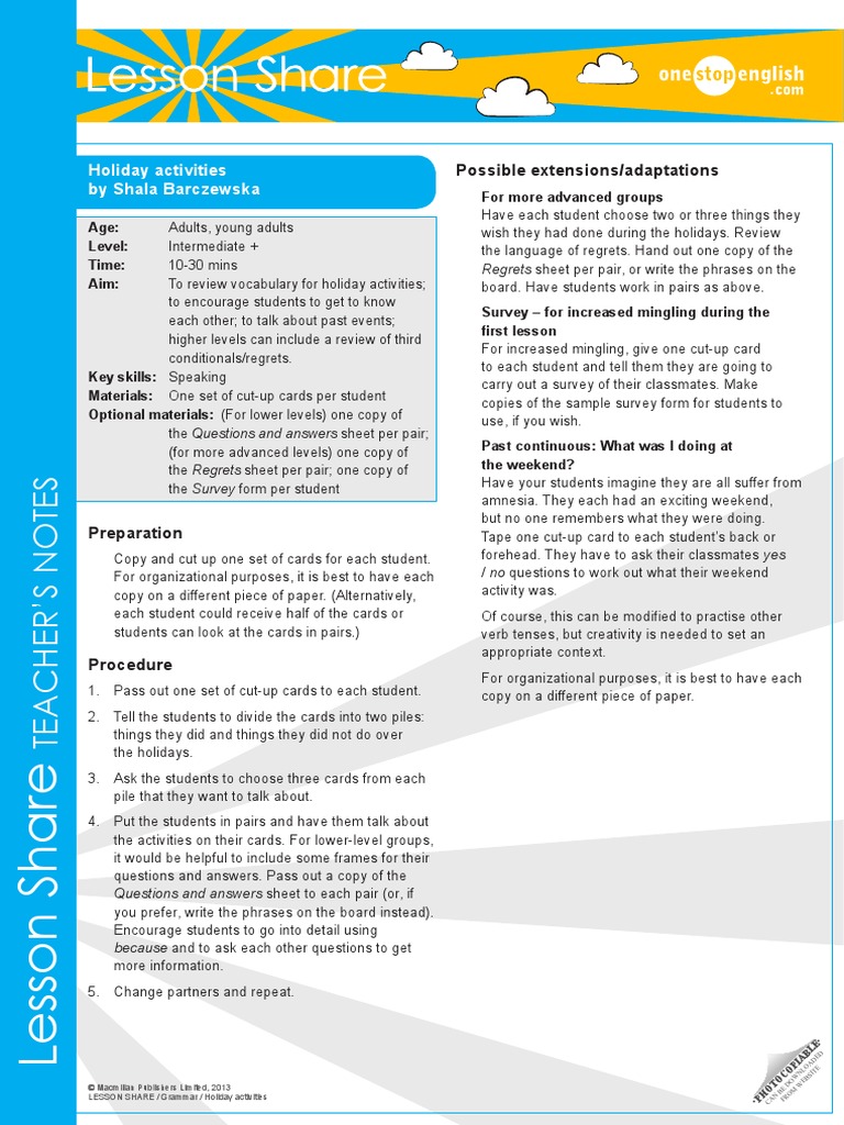 Ose Lesson Share Holiday Activities | PDF | Communication | Cognitive ...