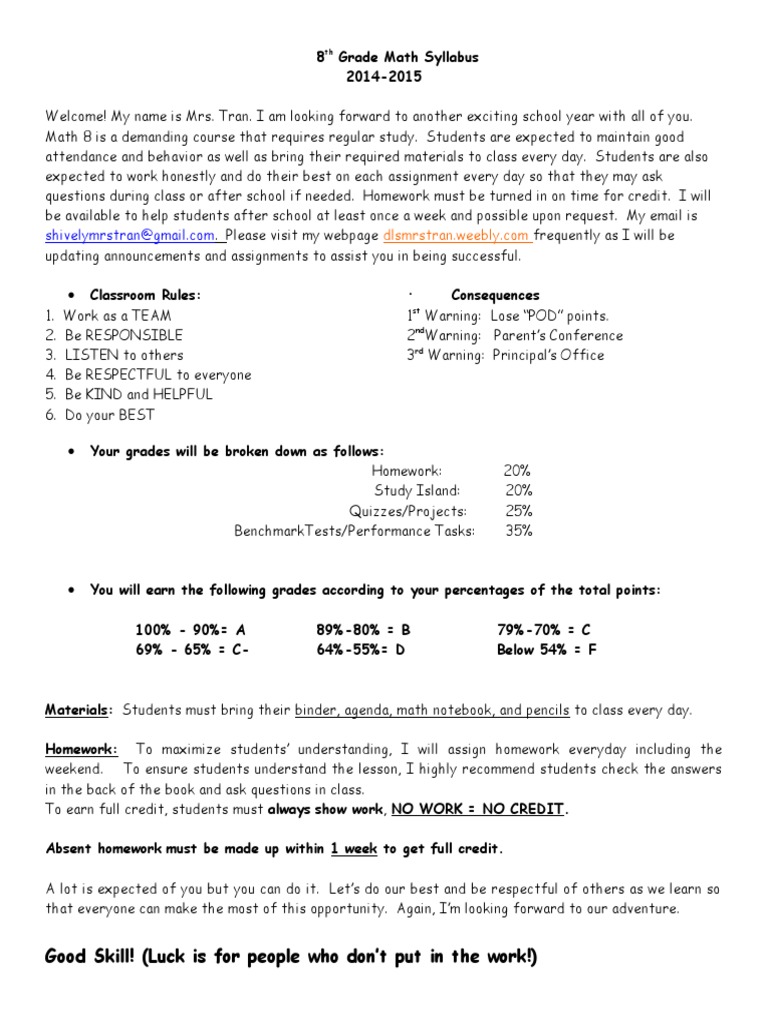8th Grade Math Syllabus Overview | PDF | Career & Growth