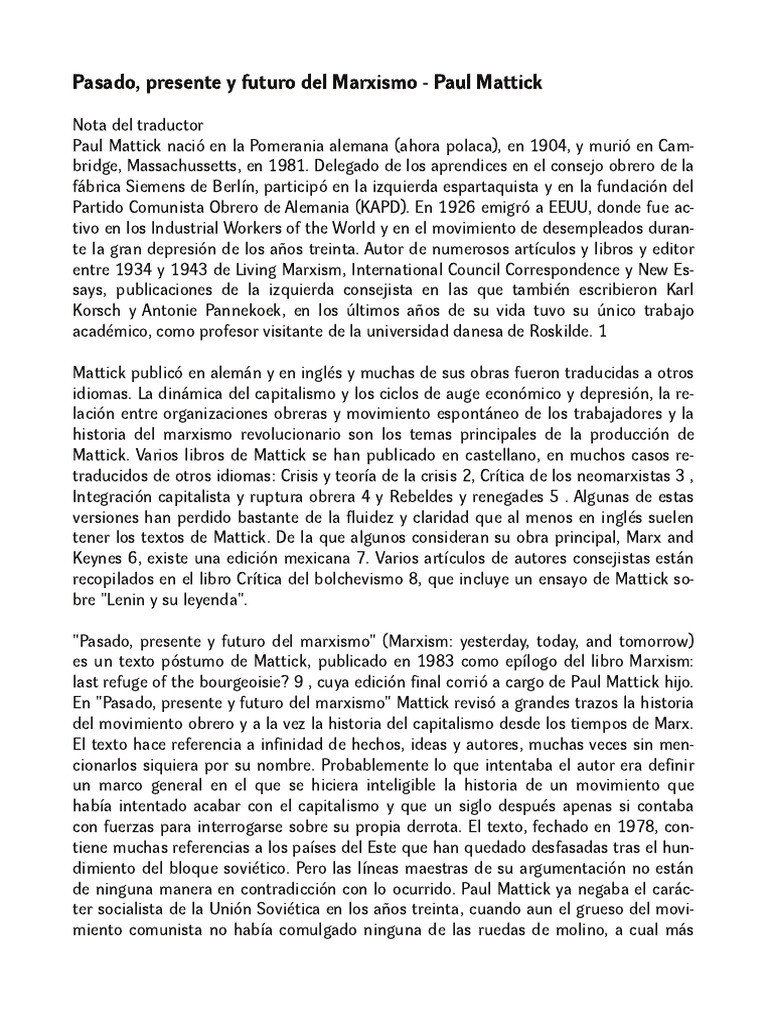 Paul Mattick-Pasado Presente y Futuro Del Marxismo | PDF | marxismo ...