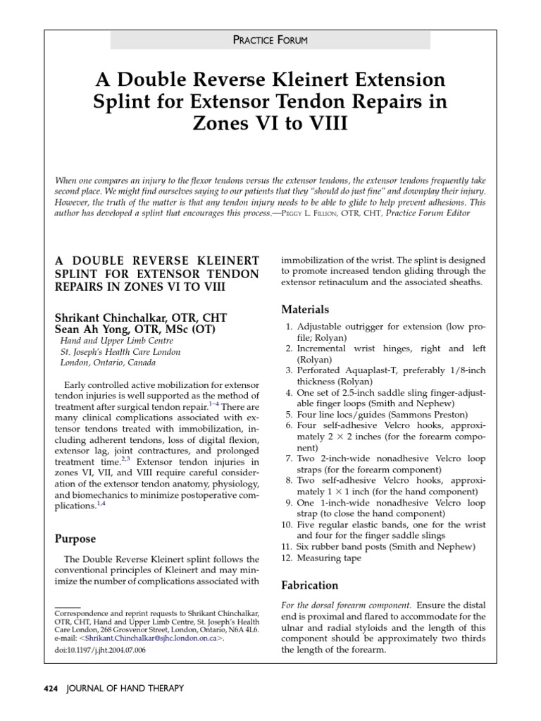 A Double Reverse Kleinert Extension Splint for Extensor Tendon Repairs ...